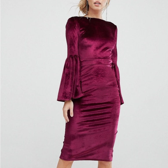 ASOS | Dresses | Asos Violet Velvet Fluted Sleeve Midi Dress With Open ...